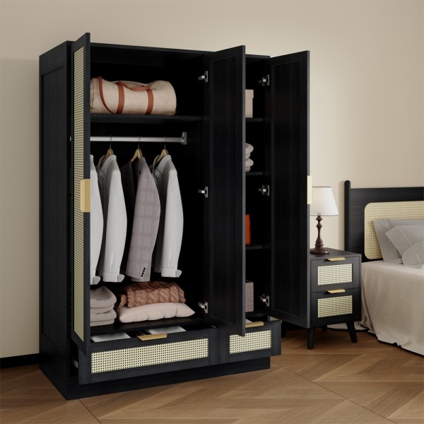 Boho 3 Door 2 Drawer Rattan Decorated Wardrobe | Tudor Furniture