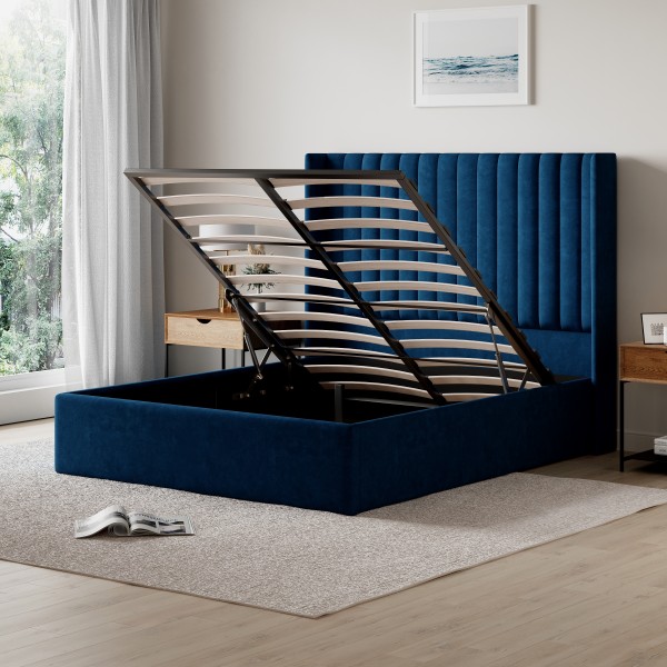 Russell Pneumatic Ottoman Storage Bed Blue Velvet Double Bed Lift Up ...