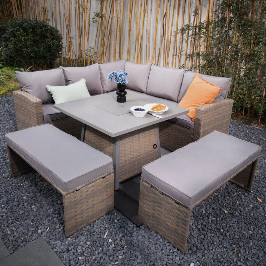 Rosen Rattan Garden Furniture 9 Seater Corner Sofa Set with Fire pit ...