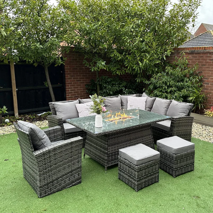 Rosen 9 Seater Rattan Garden Furniture Corner Sofa Fire Pit Set with ...