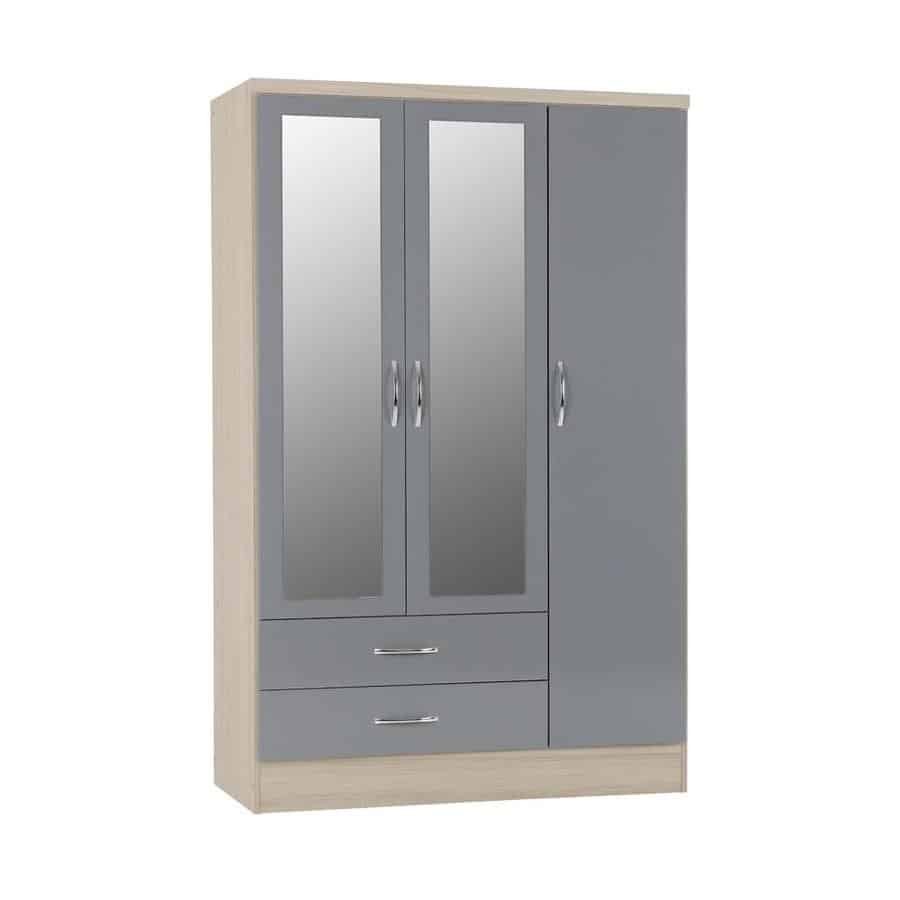 3 Door 2 Drawer Mirrored Wardrobe in Grey Gloss | Tudor Furniture