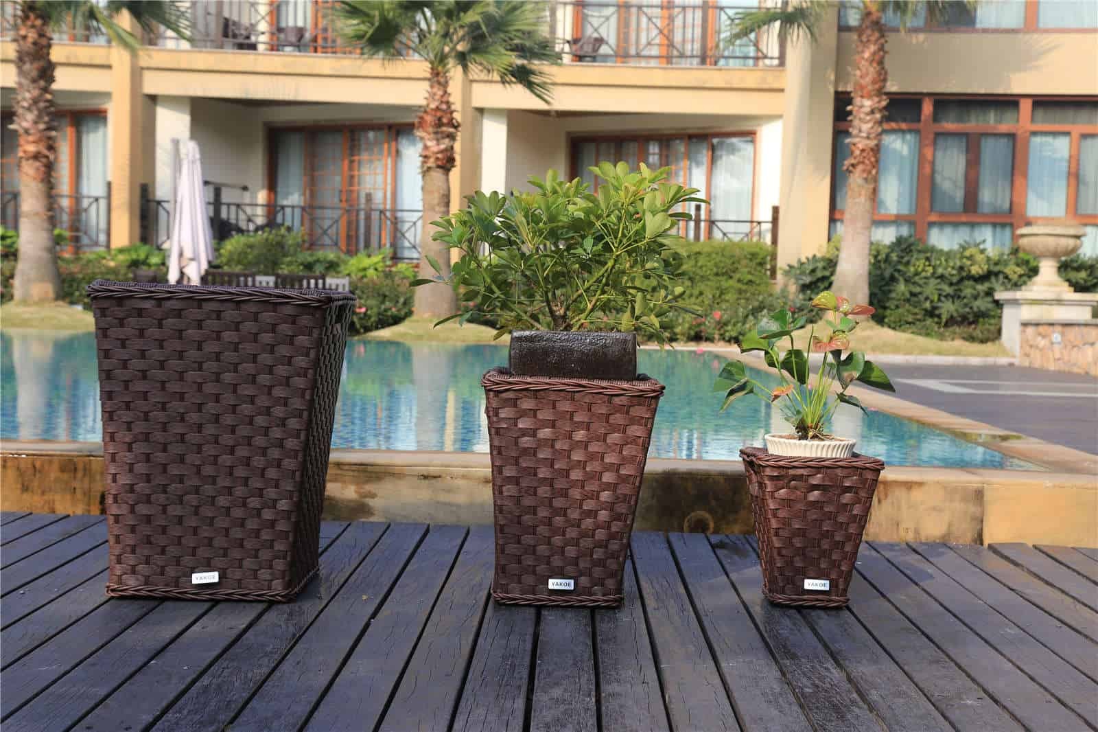 Brown Yakoe Square Set of 3 Rattan Effect Planters | Tudor Furniture